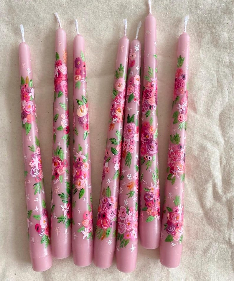 Hand Painted Rose Flower Taper Candles - Set of 2 Wedding/engagement ...