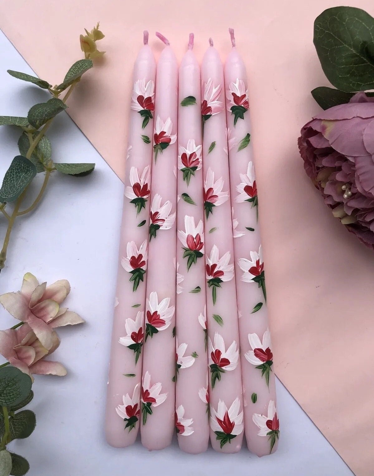 Set of 2 Daisy Taper Candle. Flower Pattern Table Decor Candle. Flower ...