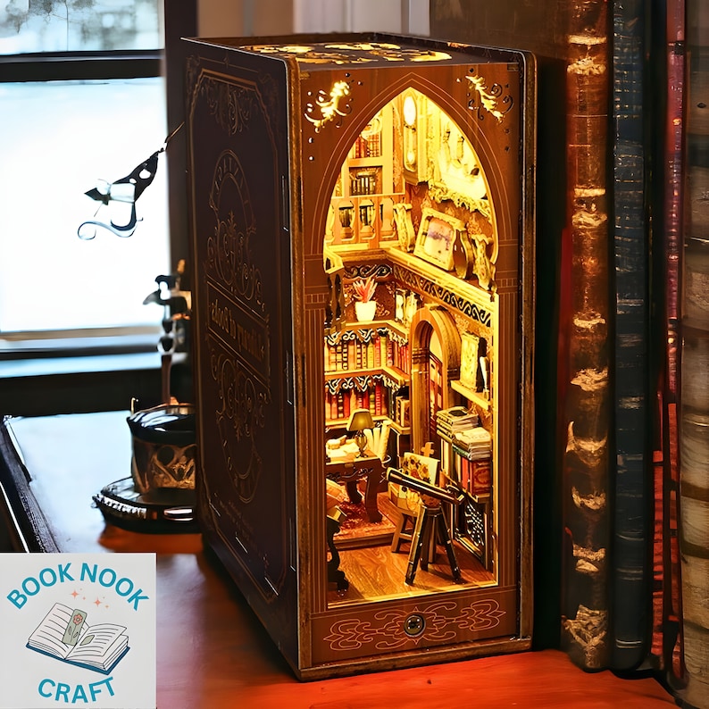 LED Light DIY Bookstore Book Nook Light up Brown Book Nook Bookshelf ...