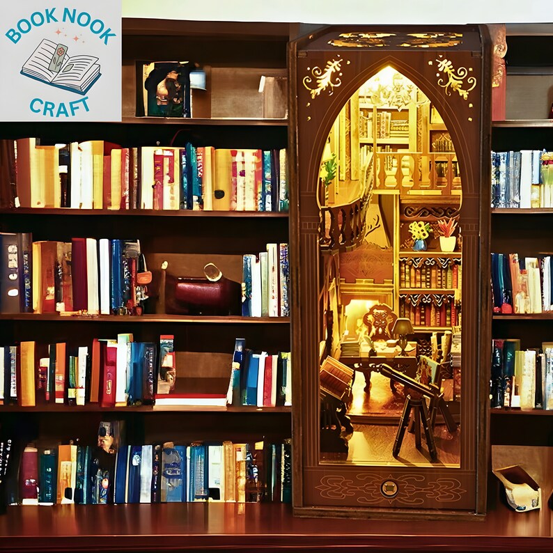 LED Light DIY Bookstore Book Nook Light up Brown Book Nook Bookshelf ...