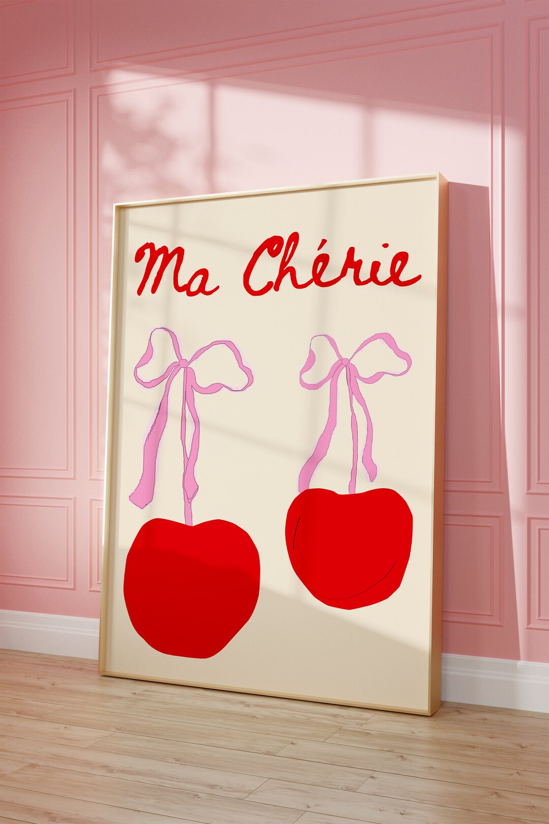 Hand Drawn Cherry Poster, Vintage Pink Bow Poster, Ma Cherie Coquette ...