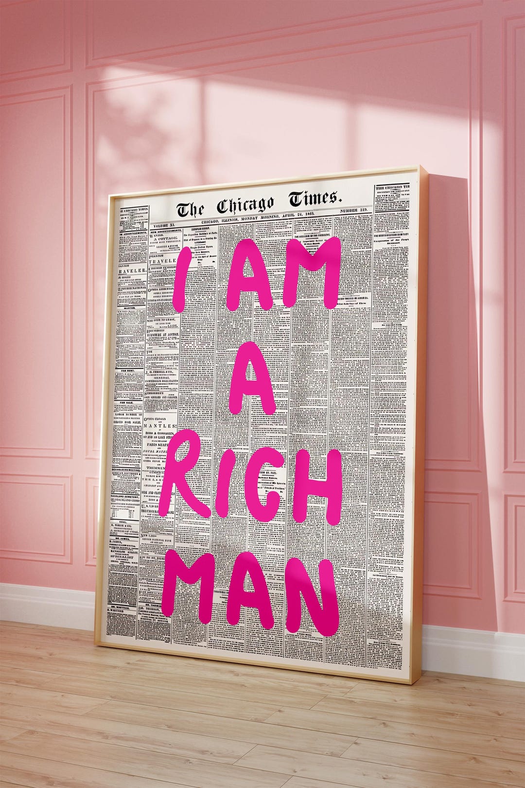 I Am A Rich Man Poster Girly Wall Art Pink Newspaper Poster Trendy ...