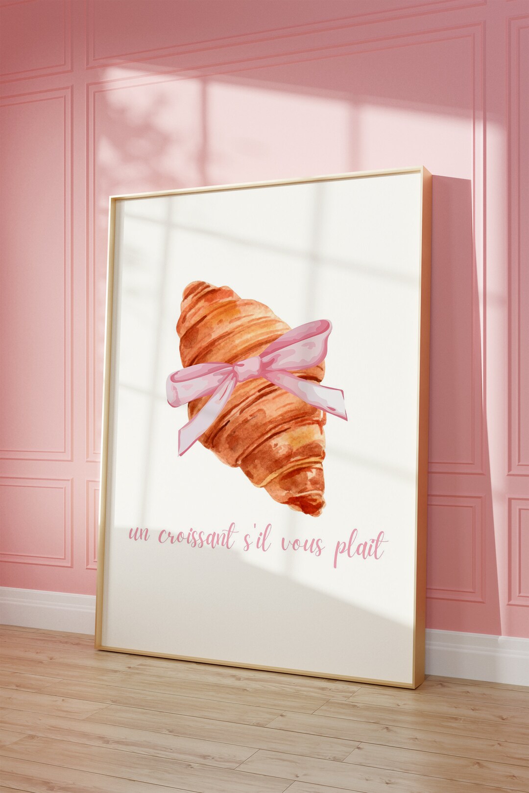 Coquette Kitchen Wall Art, Croissant Pink Bow Watercolor Print, Pink ...