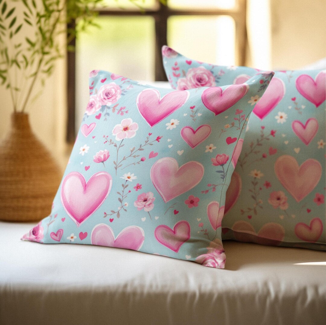 Heart Pillow, Pink and Blue Love Heart Throw Pillow, Valentine's Day ...