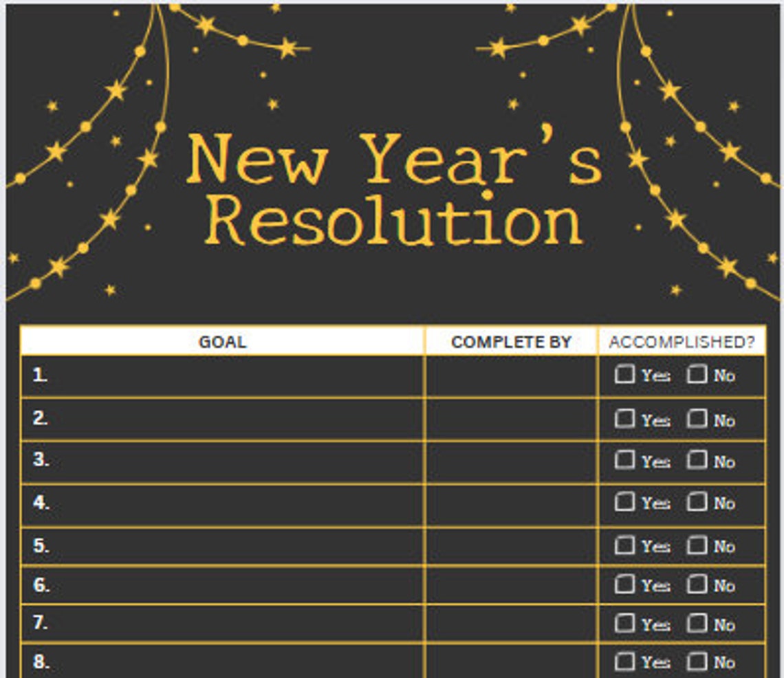 New Years Resolution List, Goal List, Resolution List, Printable ...