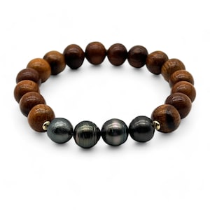 Tahitian Pearl & Hawaiian Koa Bead Stretch Bracelet - 10 Mm - Etsy
