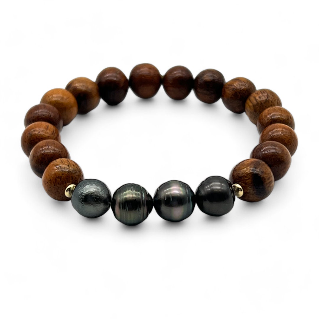 Tahitian Pearl & Hawaiian Koa Bead Stretch Bracelet - 10 Mm - Etsy
