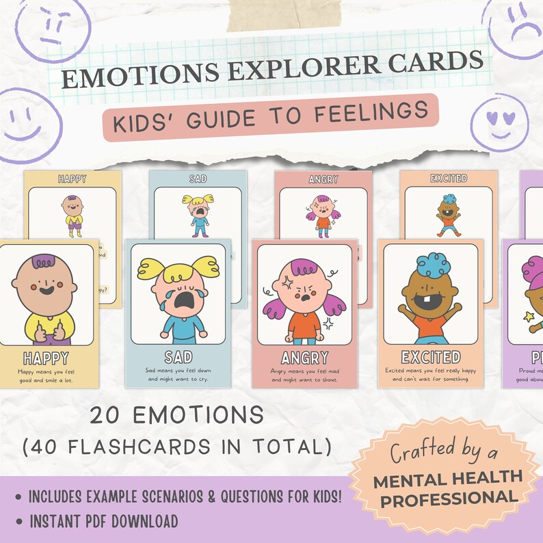 Emotions Feelings Flashcards for Kids, Play Therapy, Feelings Chart ...