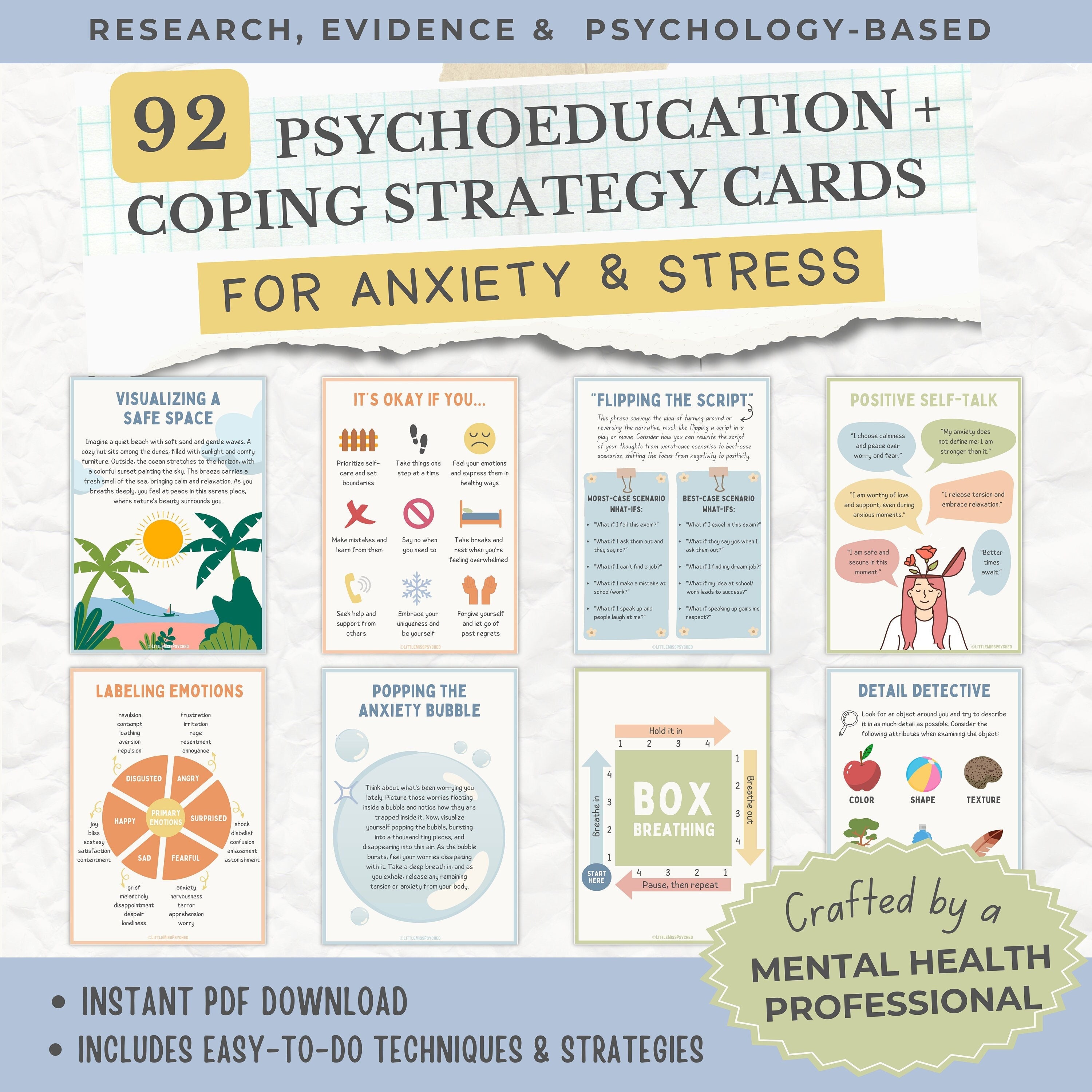 Psychoeducation Coping Skill Printable Cards for Anxiety Stress, CBT ...