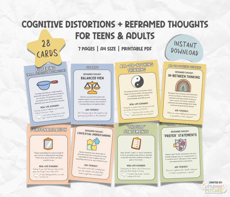 Cognitive Distortions Printable Flashcards, Cognitive Behavioral ...