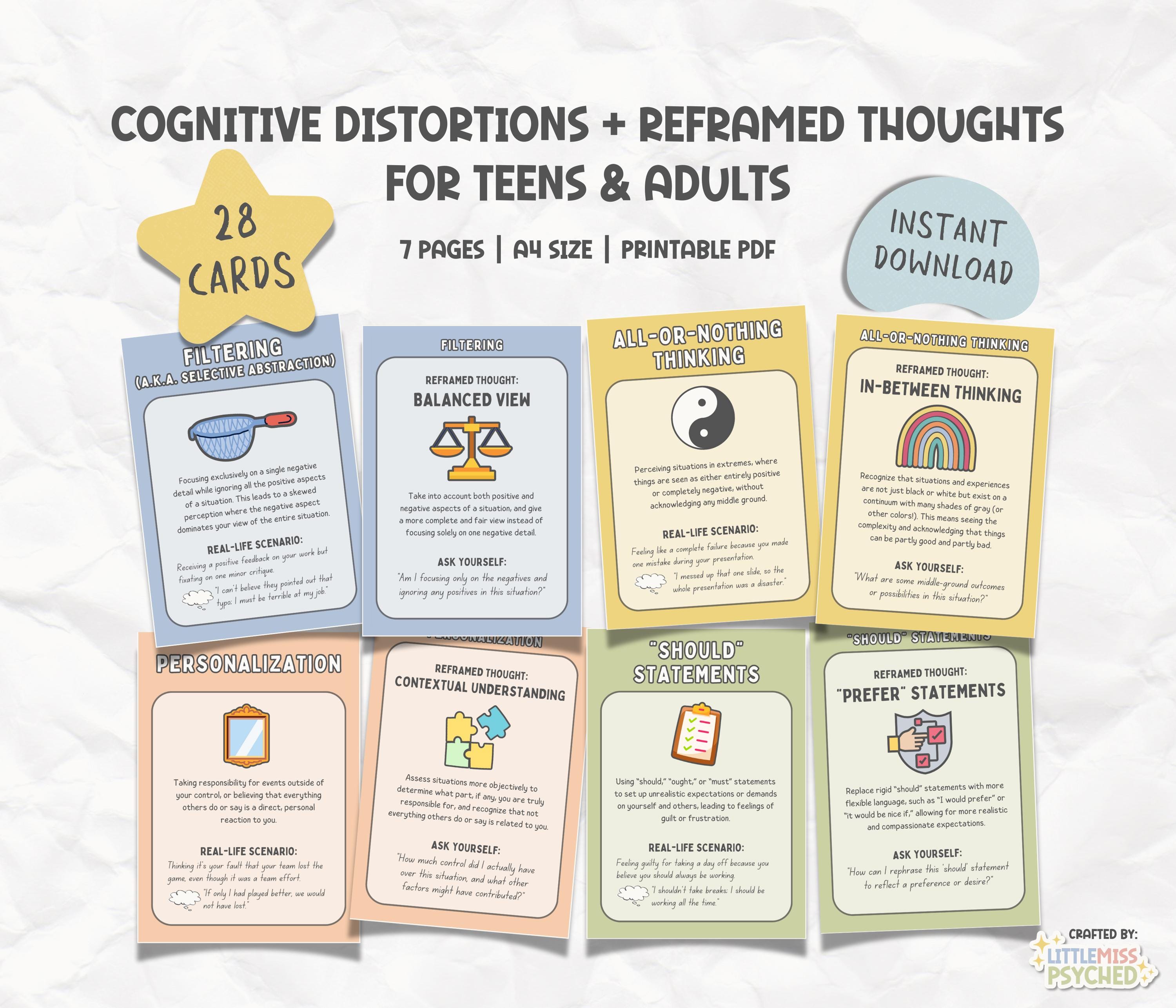 Cognitive Distortions Printable Flashcards, Cognitive Behavioral ...