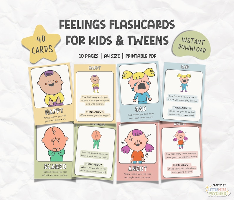 Emotions Feelings Flashcards for Kids, Play Therapy, Feelings Chart ...