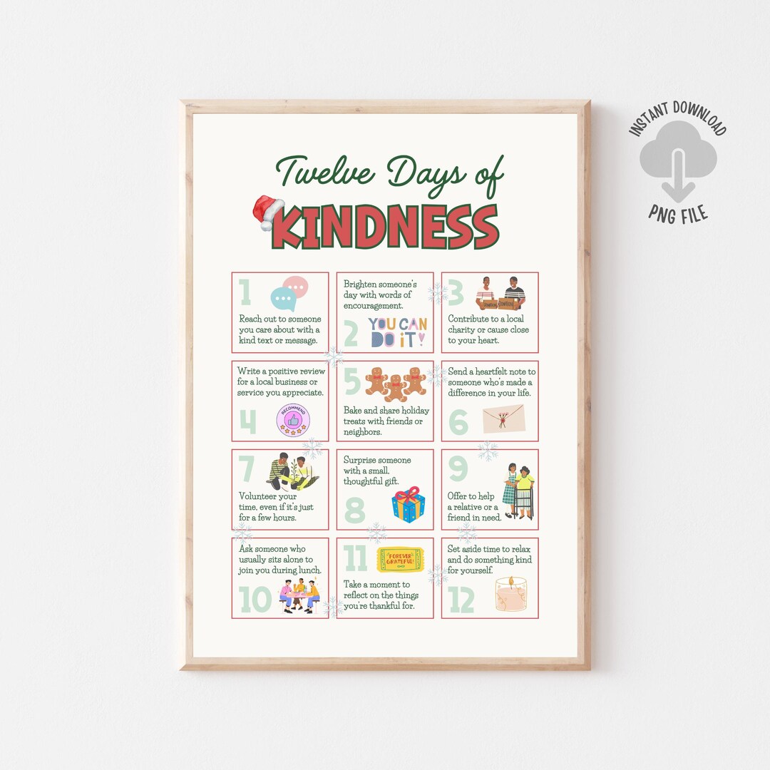 12 Days of Kindness Mental Health Printable Poster, Christmas Holiday ...