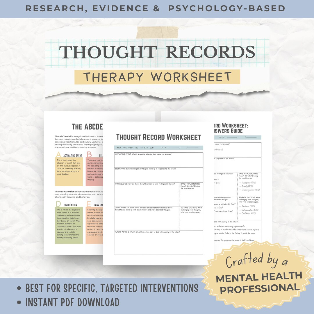 Thought Records, CBT Worksheet, Therapy Worksheet, Anxiety Journal ...
