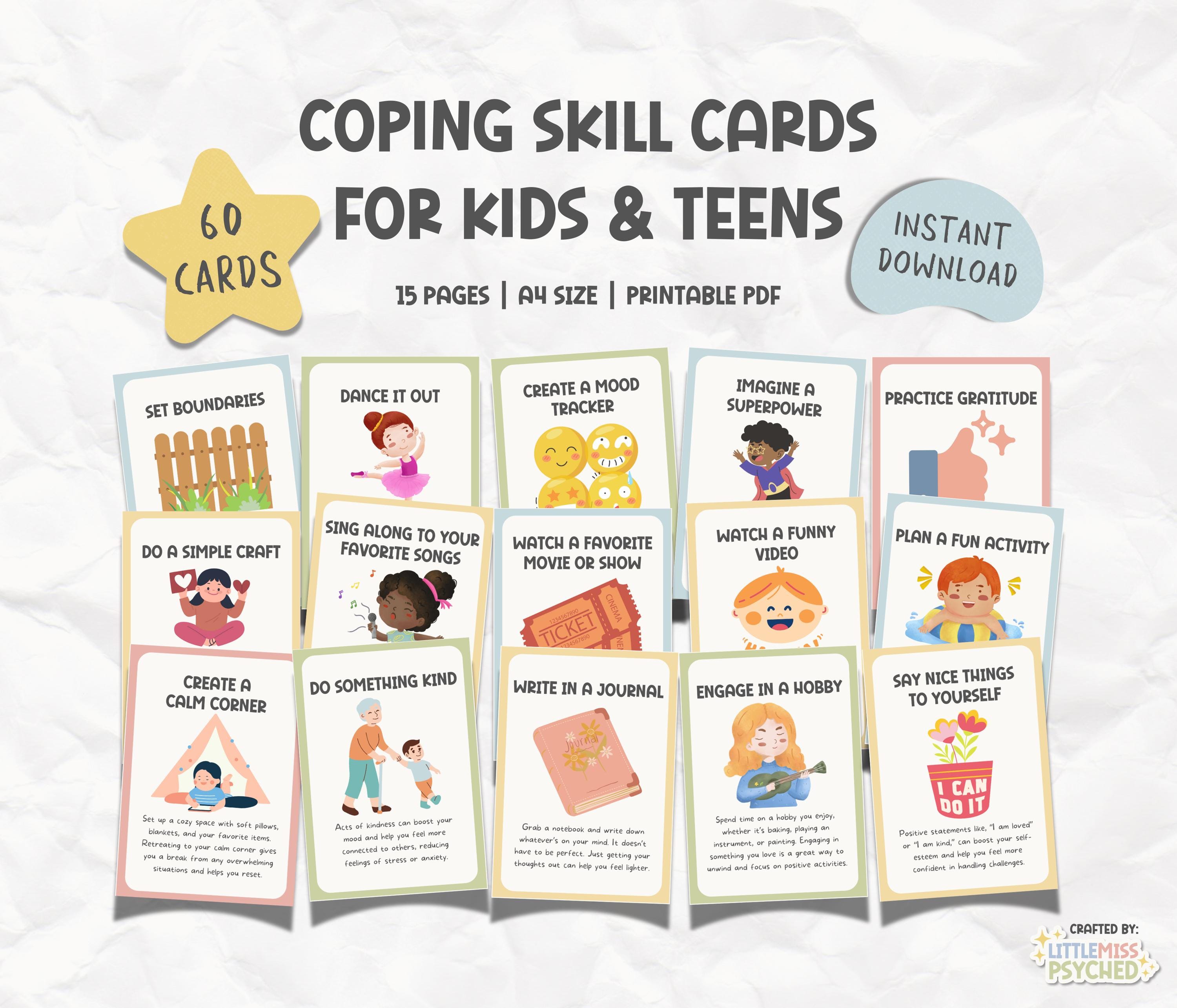 60 Coping Skill Cards for Kids & Teens, CBT DBT Counseling Therapist ...
