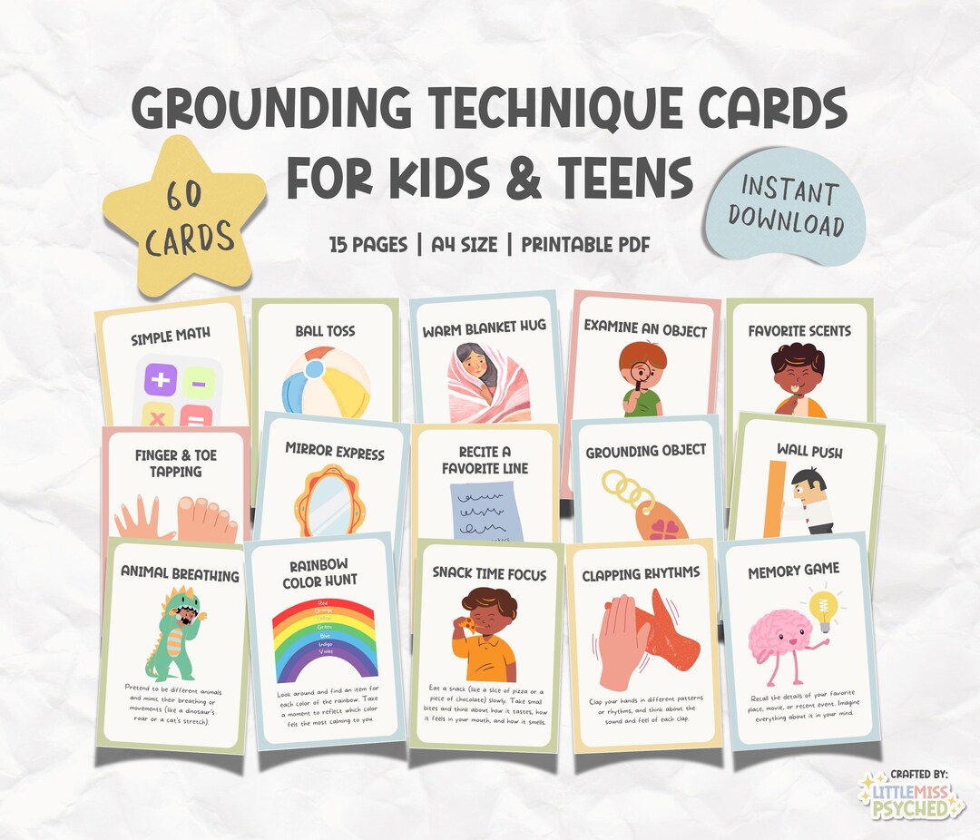 60 Grounding Technique Printable Cards for Kids & Teens, CBT DBT ...