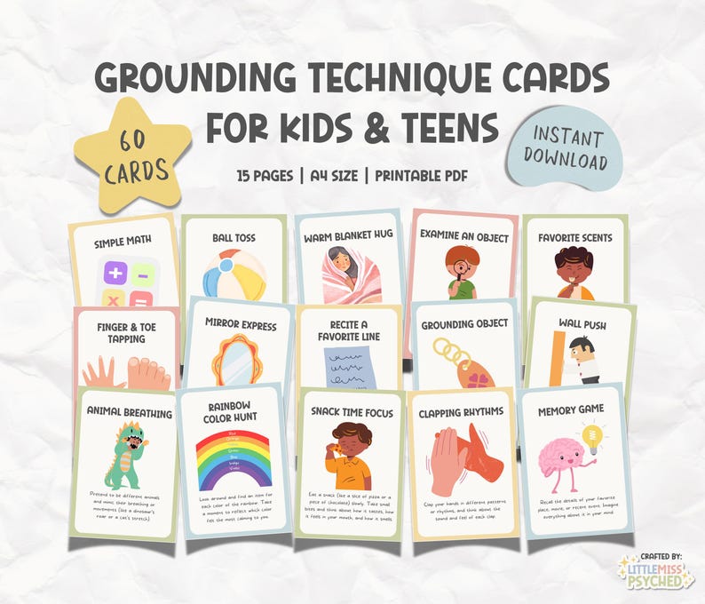 60 Grounding Technique Printable Cards for Kids & Teens, CBT DBT ...