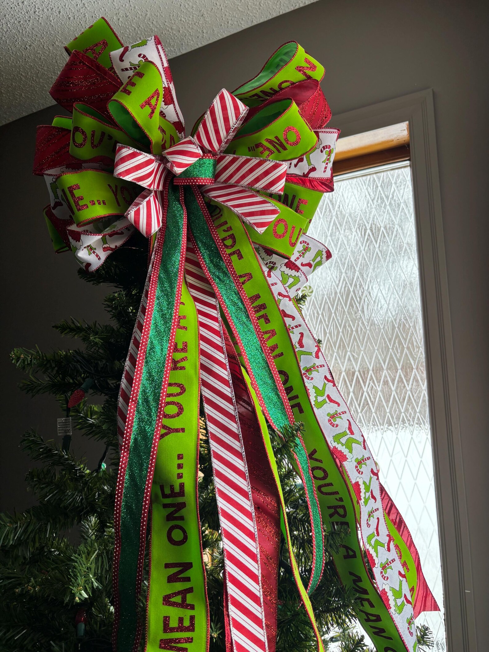 Green Monster Tree Top Bow, Christmas Tree Topper Bow, Green and Red ...