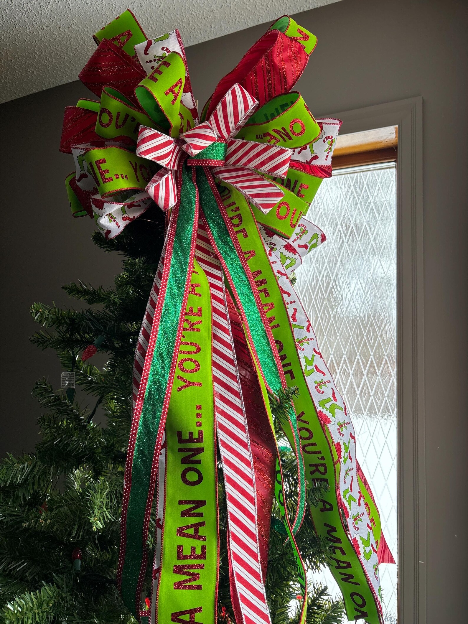 Green Monster Tree Top Bow, Christmas Tree Topper Bow, Green and Red ...