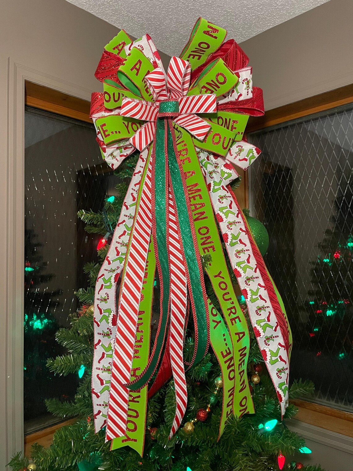 Green Monster Tree Top Bow, Christmas Tree Topper Bow, Green and Red ...