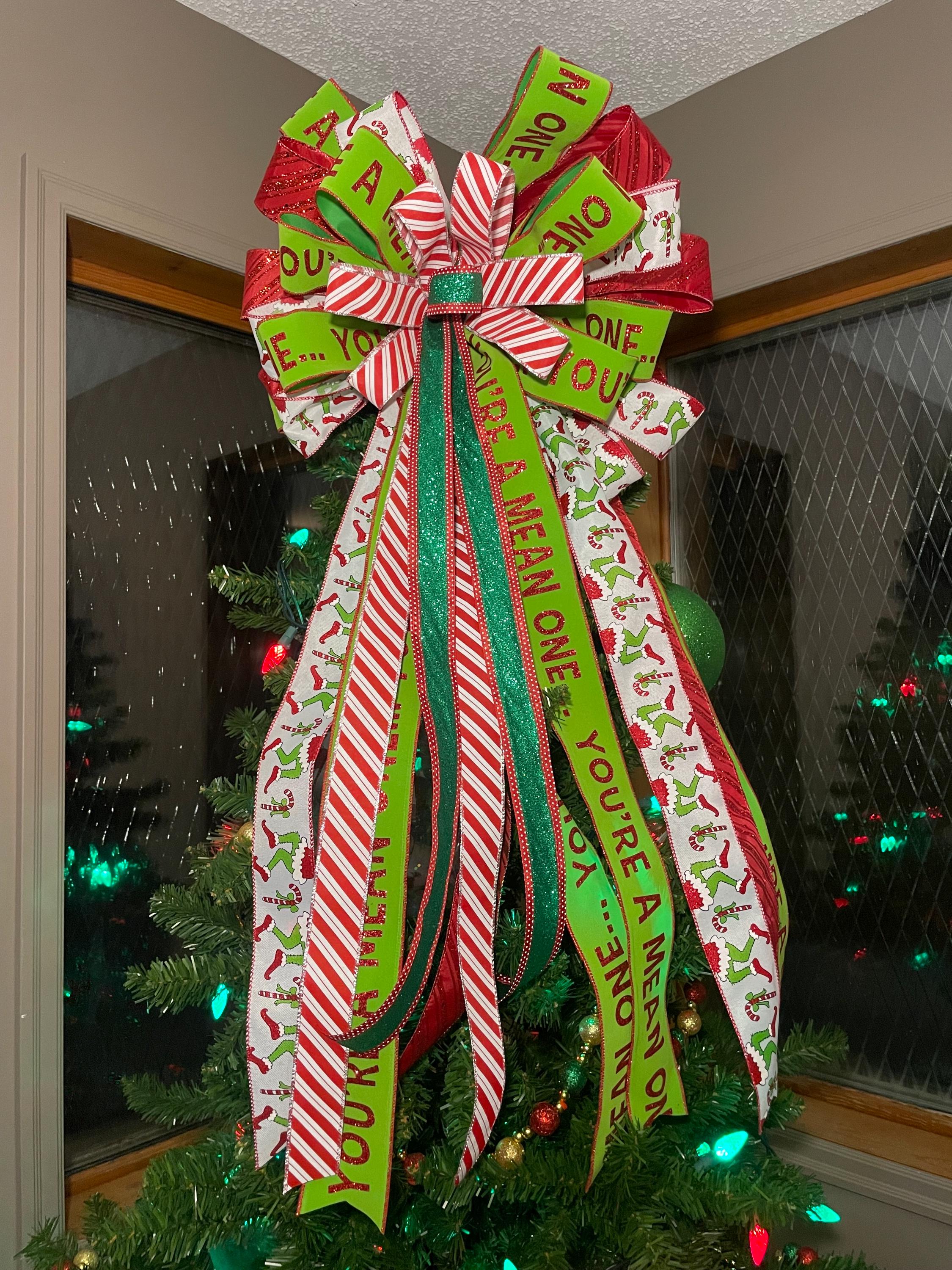 Green Monster Tree Top Bow, Christmas Tree Topper Bow, Green and Red ...