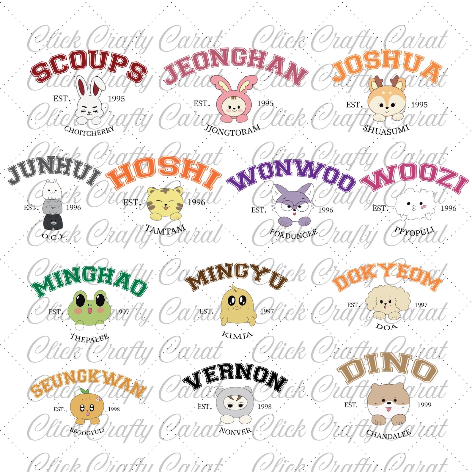 Kpop Seventeen Miniteen Characters and Member Names | Digital Download ...