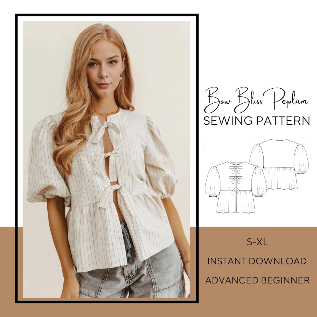 Peplum Top Sewing Pattern | Front Bow Tie Shirt Pattern | Digital ...