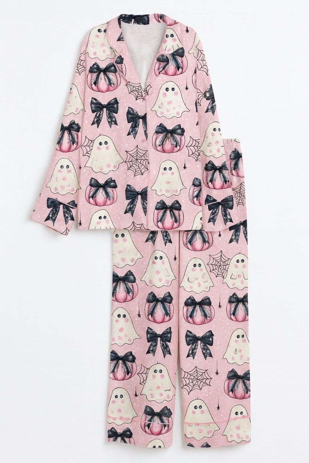 Cute Pink Halloween Ghost Pajama Set – Women’s Long Sleeve Sleepwear ...