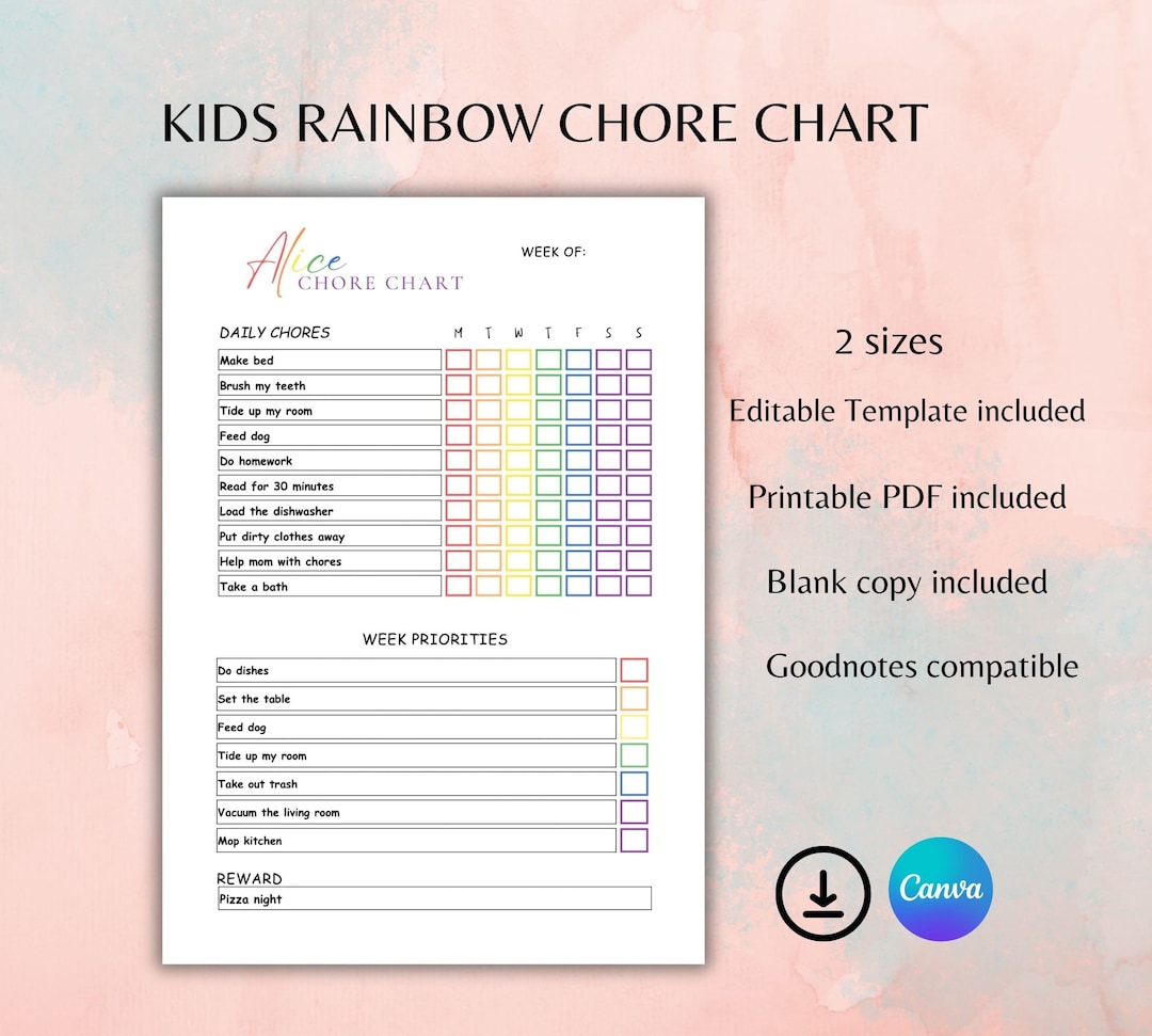 Chore Chart for Kids Editable, Responsibility Chart for Kids, Daily ...