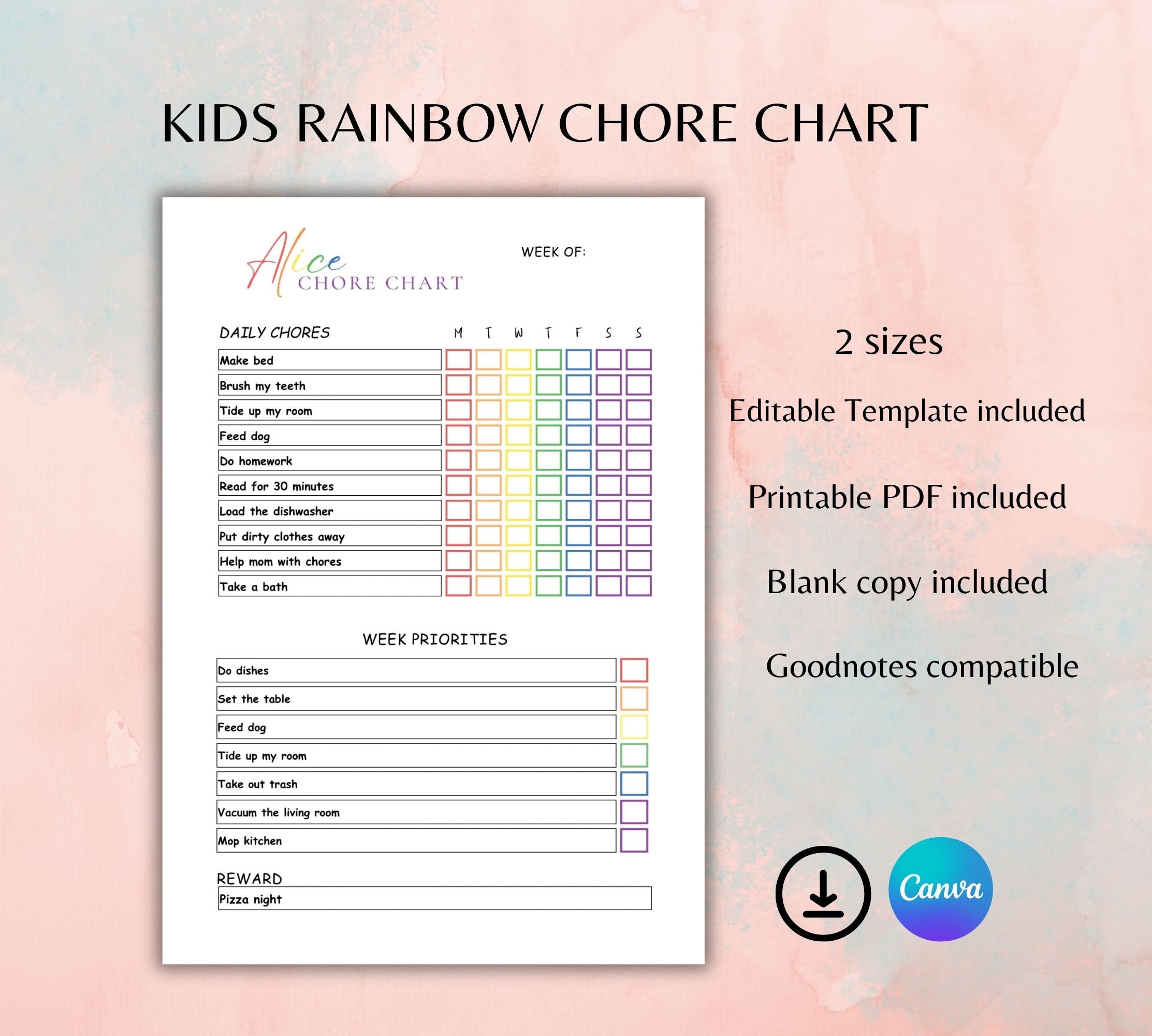 Chore Chart for Kids Editable, Responsibility Chart for Kids, Daily ...