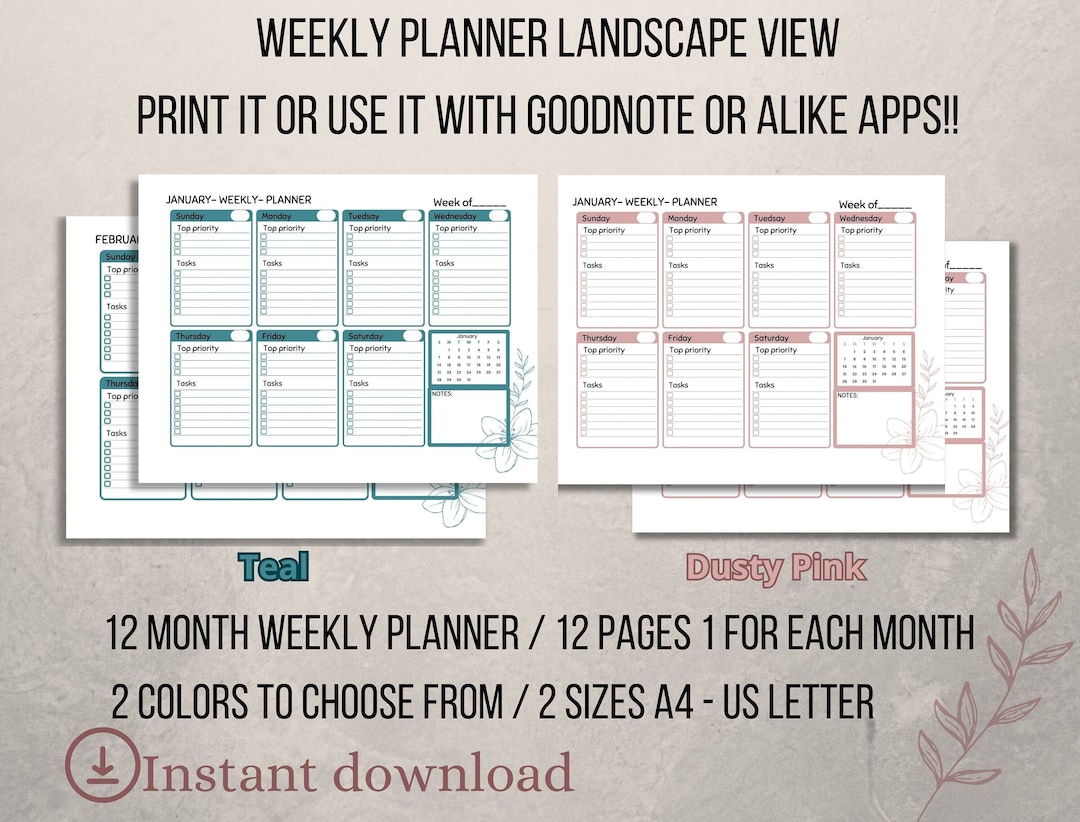 Minimalist Weekly Planner Printable, Undated, Landscape (PDF Pattern ...