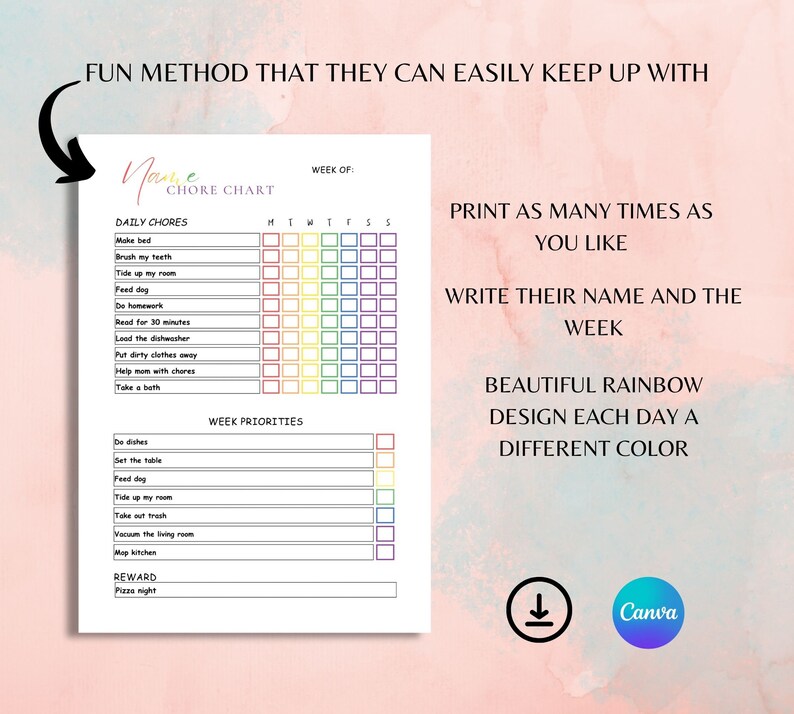 Chore Chart for Kids Editable, Responsibility Chart for Kids, Daily ...