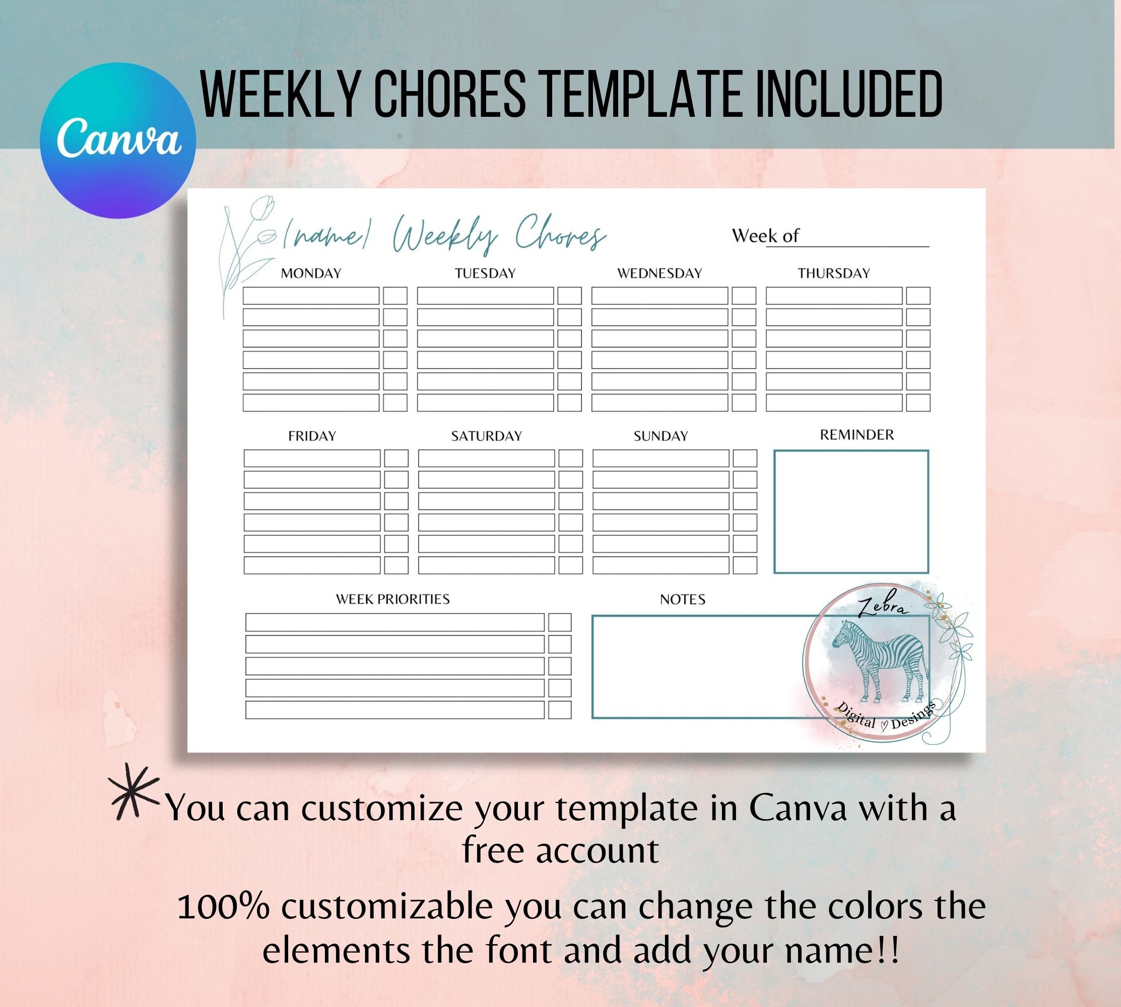 Kids Chore Chart Template Canva, Daily Weekly Responsibility Chart ...