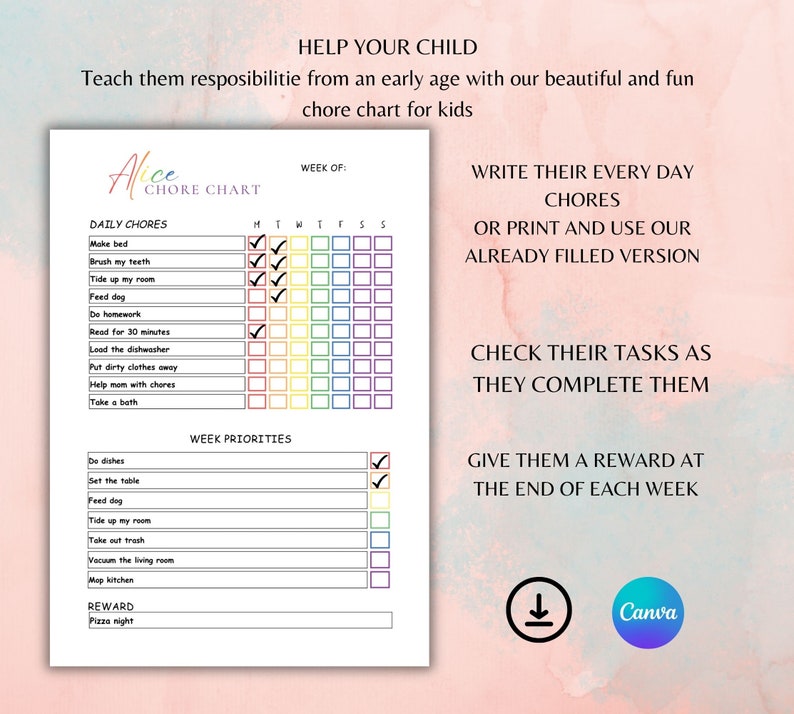 Rainbow Chore Chart for Kids: Editable, Printable (PDF) - Etsy
