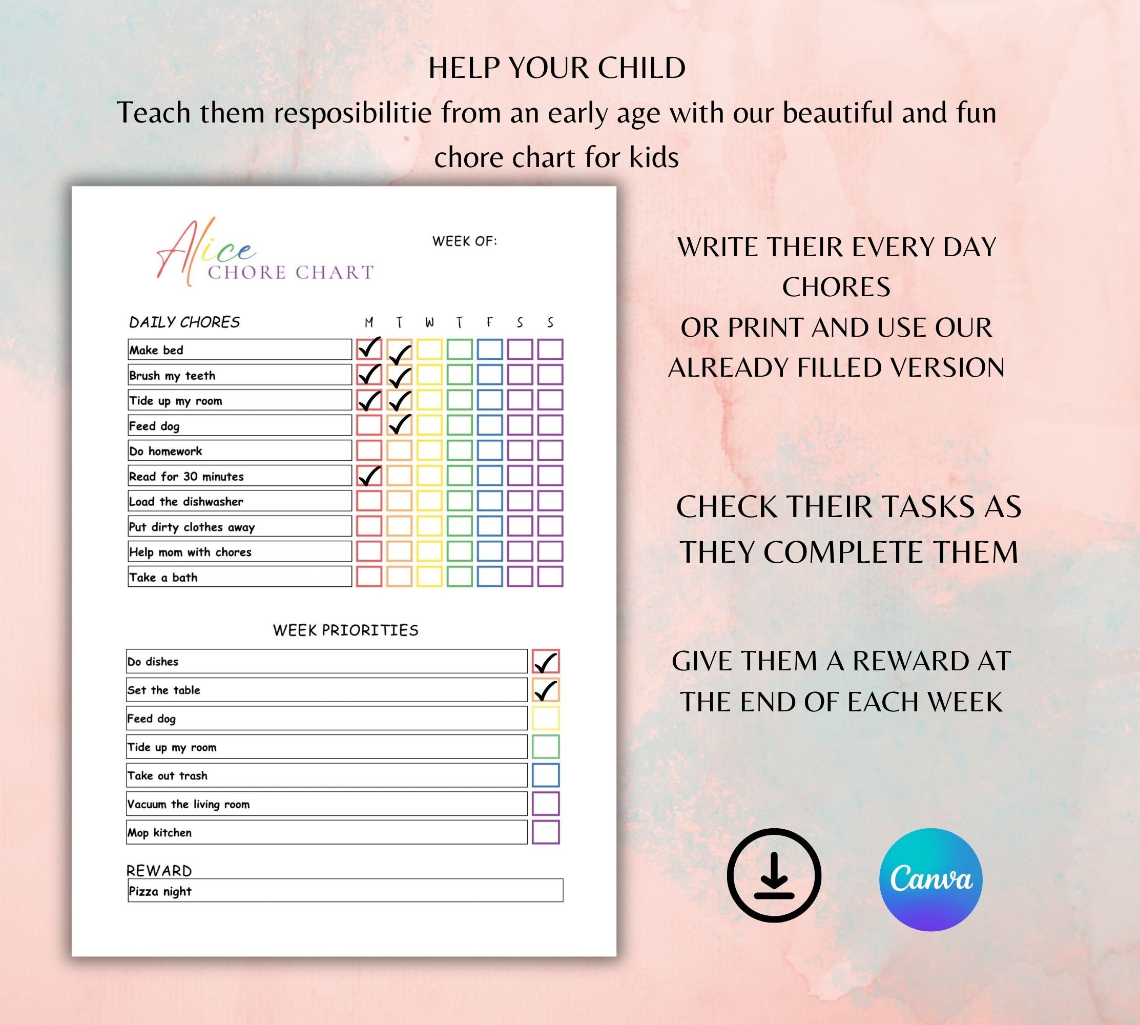 Chore Chart for Kids Editable, Responsibility Chart for Kids, Daily ...