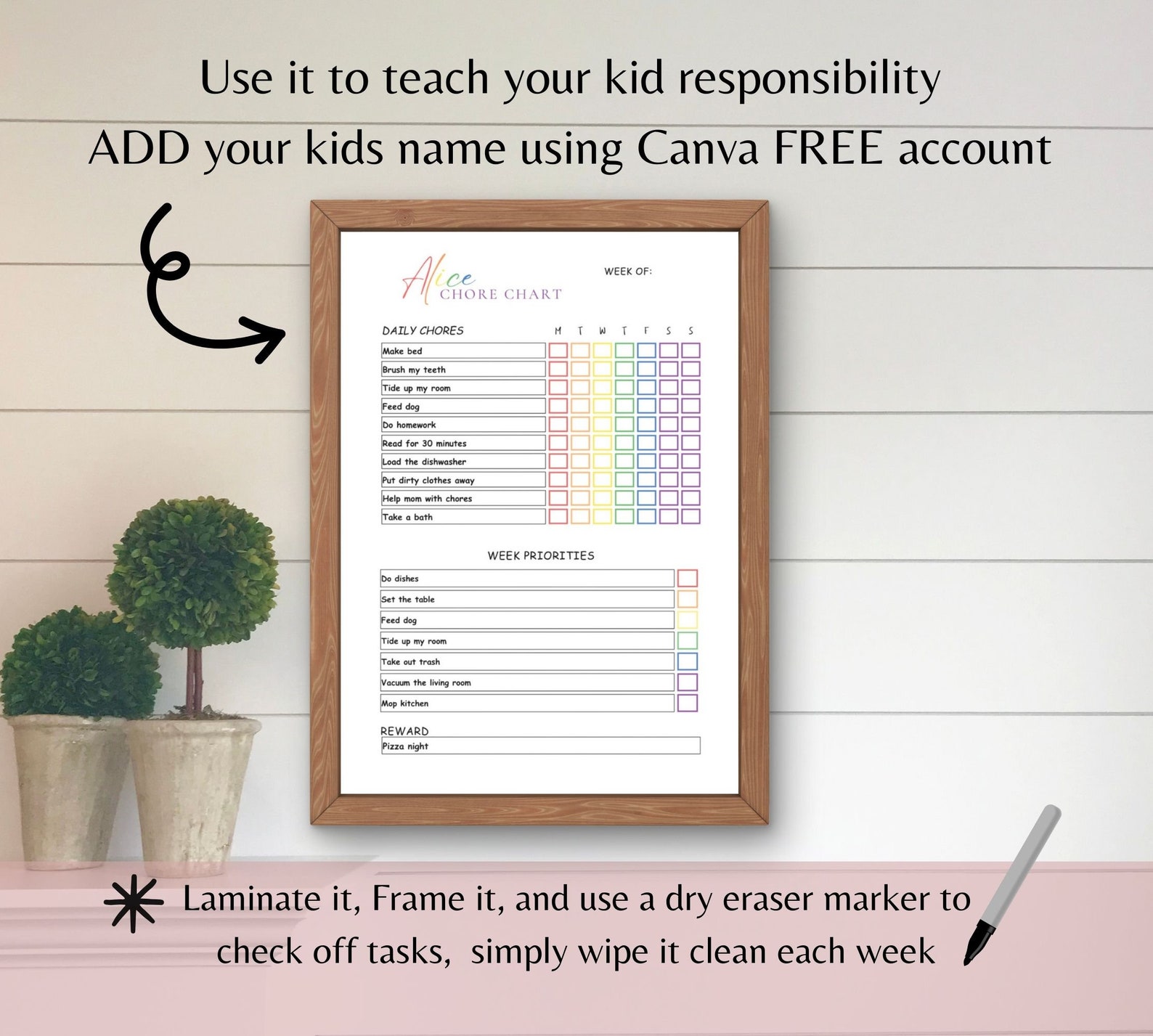 Chore Chart for Kids Editable, Responsibility Chart for Kids, Daily ...