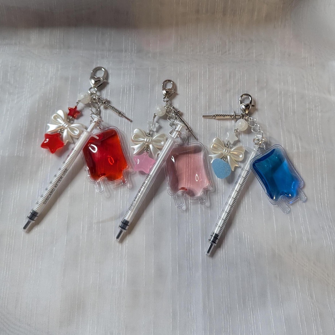 Y2K Blood Bag Keychain: Handmade Syringe Charm, Kawaii Jewelry - Etsy