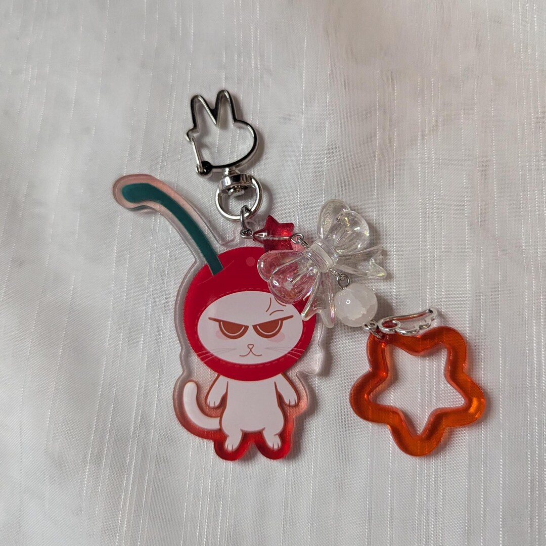 Cherry Angry Cat Keychain: Beaded Y2K Charm - Etsy