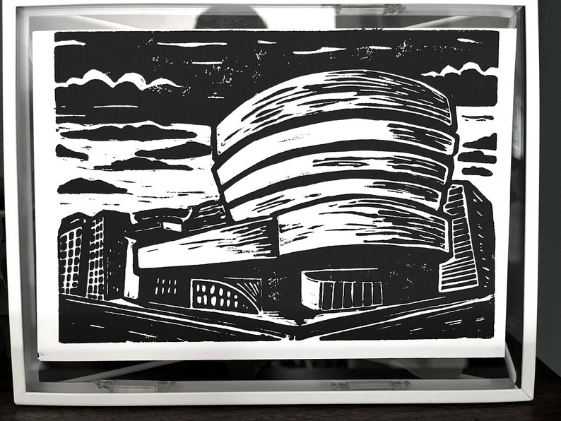 Linocut Print Guggenheim Museum New York City | Black & White 8"x5.5 ...