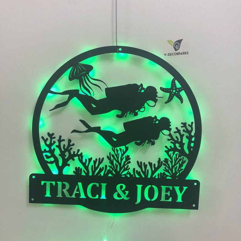 Custom Scuba Diving Couple Monogram Metal Sign LED Lights, Scuba Gifts ...