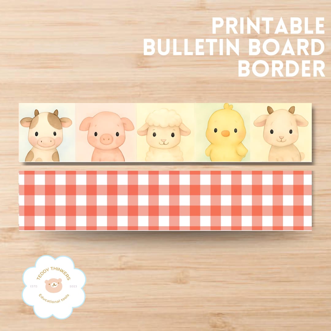 Watercolor Farm Animal Bulletin Board Border: Red Gingham Classroom ...