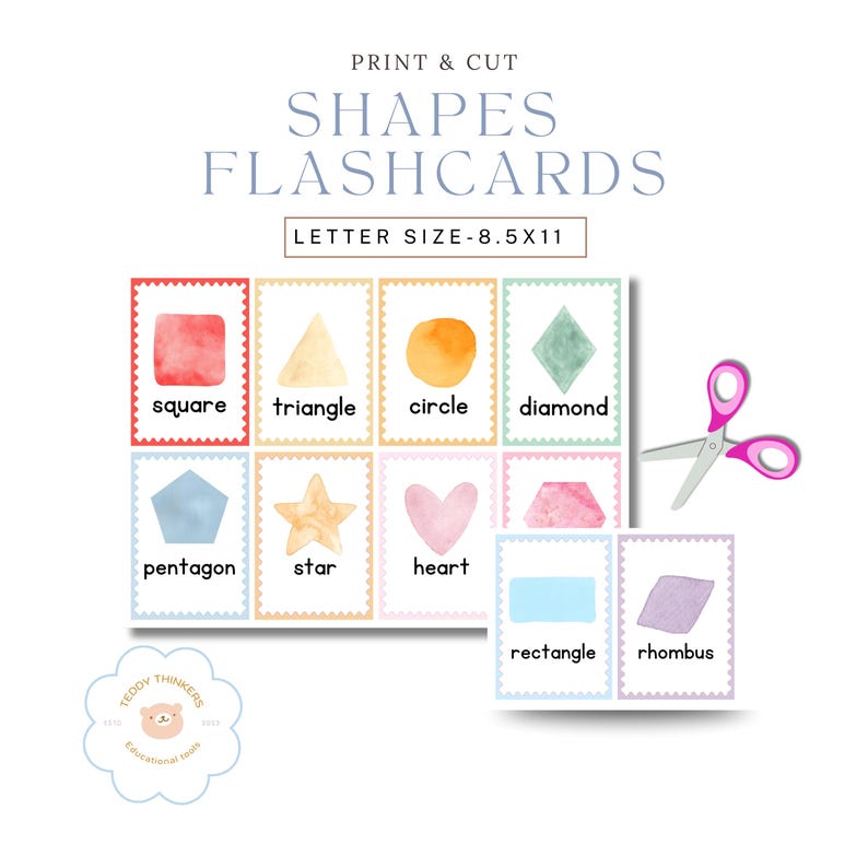 Printable Shapes Flashcards | Preschool & Kindergarten Watercolor Flash ...