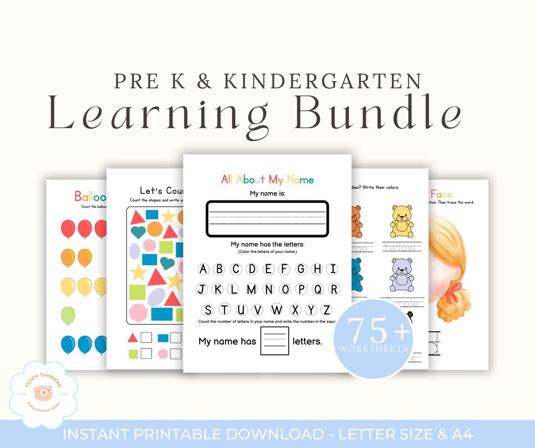 Pre-k & Kindergarten Learning Bundle: 75+ Printable Worksheets (PDF ...