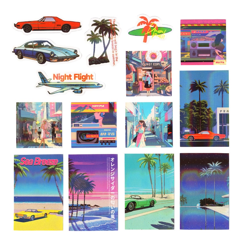 Japanese Retro City Pop Holographic Stickers 15 Pack | Phone Stickers ...