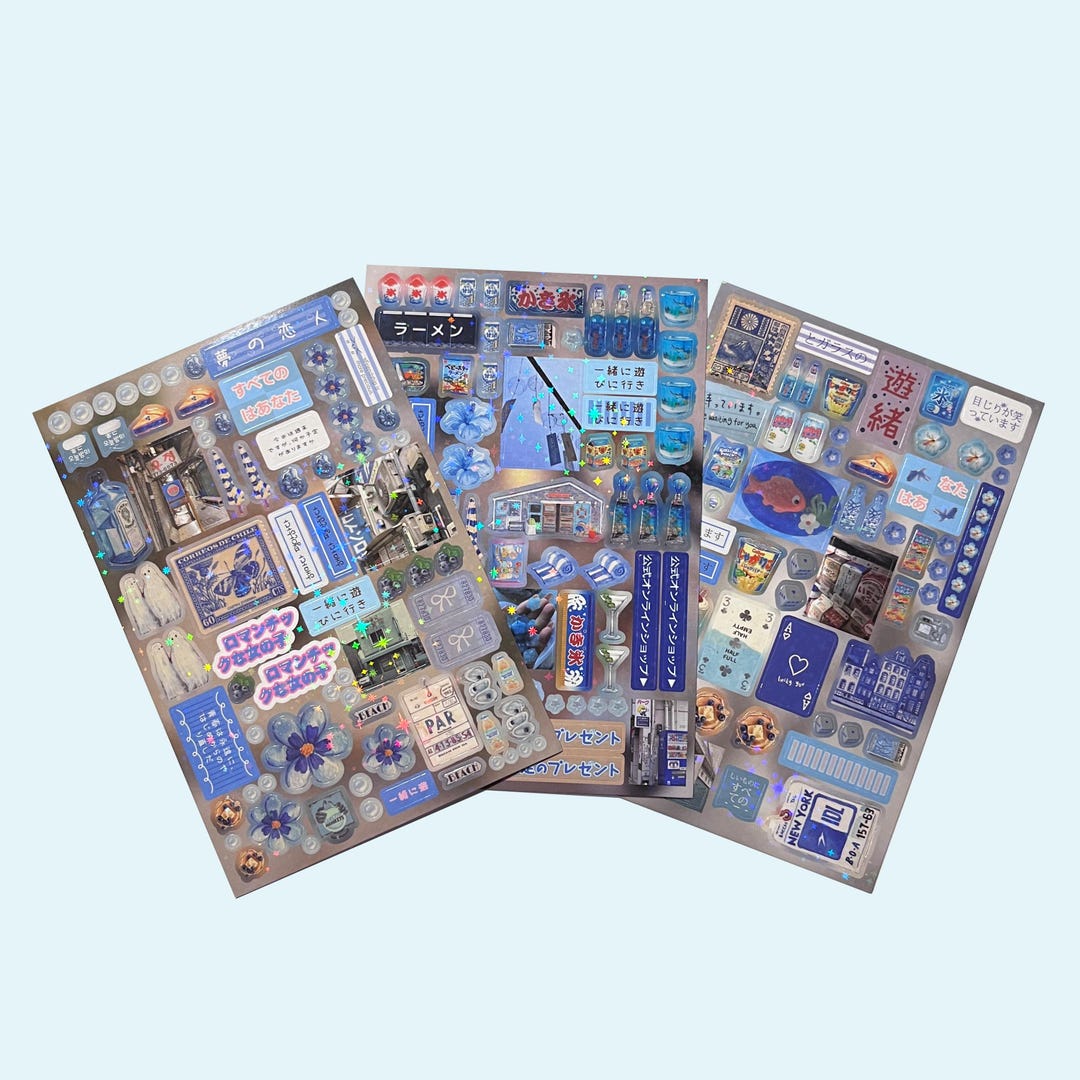 Japanese Retro Stars Holographic Stickers 3 Sheets Set (blue) | Diary ...
