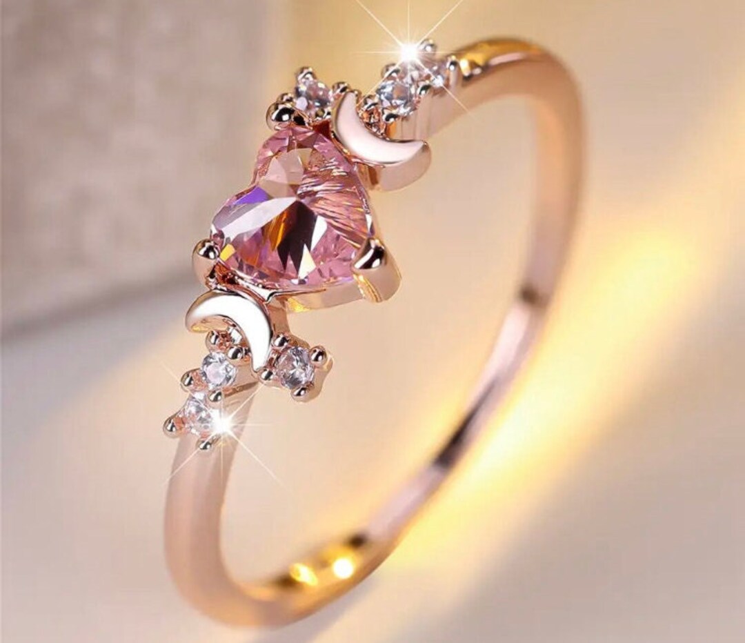 Rose Gold Moon & Pink Heart Crystal Ring | Vintage |wedding Band Bridal ...