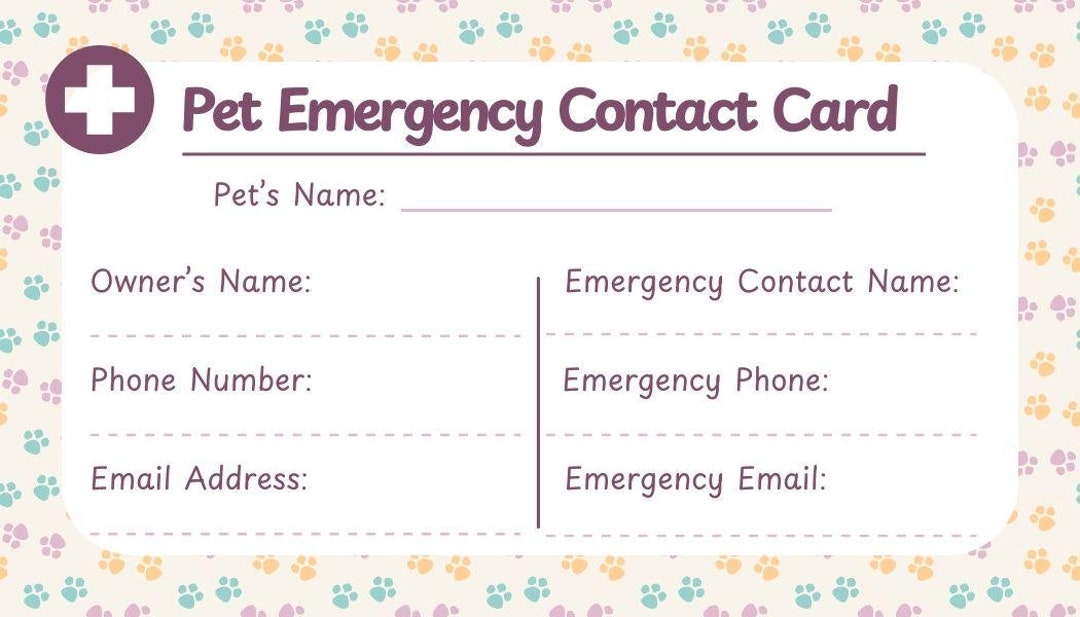 Pet Emergency Contact Card - Printable PDF for Pet Owners, Wallet Sized ...