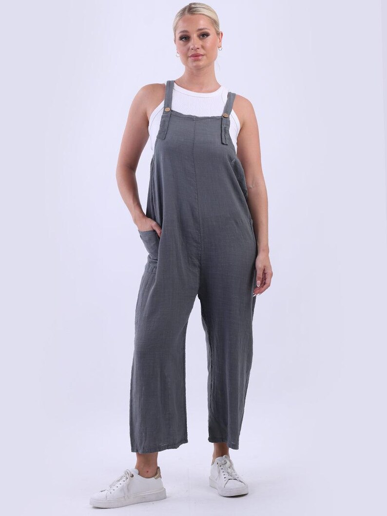 Women Solid Wide Leg Cotton Dungaree With Strappy Shoulders - Etsy UK