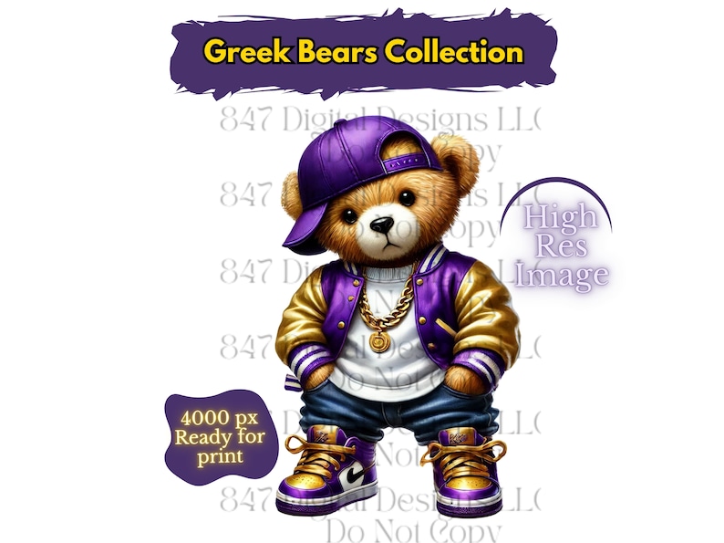 Greek Swag Bear | Hip Hop Teddy Bear PNG | Purple and Gold Bear | Teddy ...