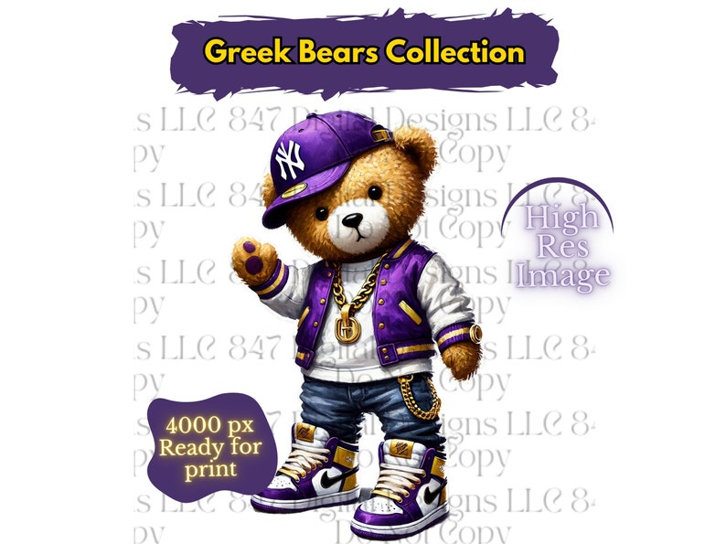 Greek Swag Bear | Hip Hop Teddy Bear PNG | Purple and Gold Bear | Teddy ...